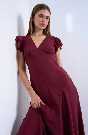 Topshop Flutter Sleeve Georgette Midi Dress - Red