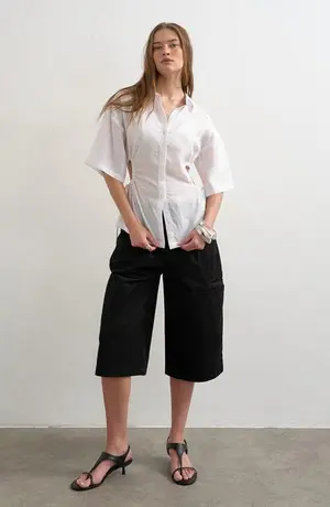 Topshop Drawstring Cutout Button-up Top