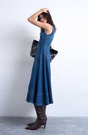 Topshop Sleeveless Denim Midi Dress With Bateau Neckline