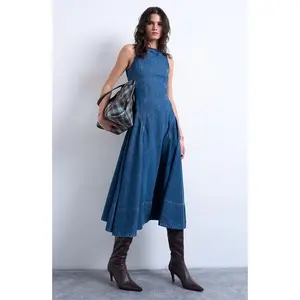 Topshop Sleeveless Denim Midi Dress With Bateau Neckline - Medium Blue