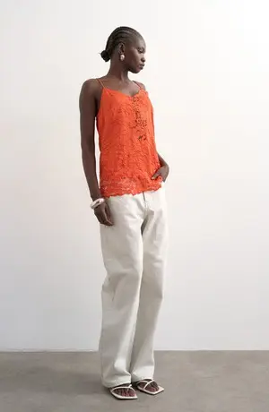 Topshop Floral Lace Crinkle Satin V-neck Top