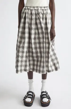 Tao Comme Des Garçons Gingham Crinkled Cotton & Linen Midi Skirt - Gray/white