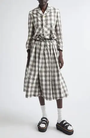 Tao Comme Des Garçons Gingham Crinkled Cotton & Linen Midi Skirt