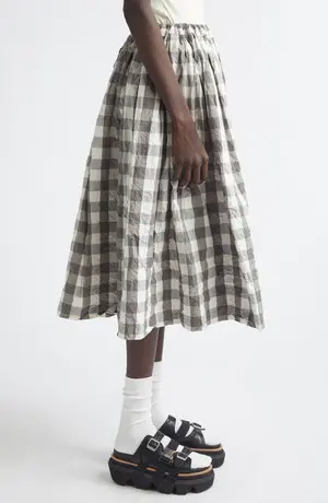 Tao Comme Des Garçons Gingham Crinkled Cotton & Linen Midi Skirt