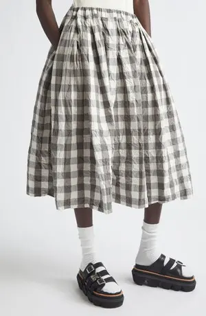 Tao Comme Des Garçons Gingham Crinkled Cotton & Linen Midi Skirt