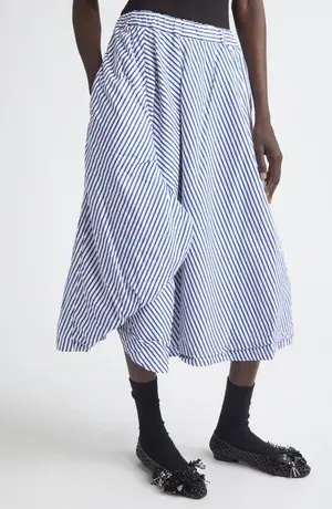 Comme Des Garçons Asymmetric Stripe Cotton Midi Skirt - White/blue