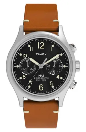 Timex® Timex Mk1 Chronograph Leather Strap Watch - Silverone