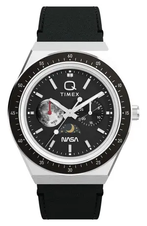 Timex® Timex Nasa "blue Marble" Multifunction Leather Strap Watch - Black/silverone