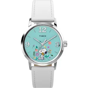 Timex® Peanuts® X Timex Marlin® Flower Dial 38mm Leather Strap Watch - Silver-tone