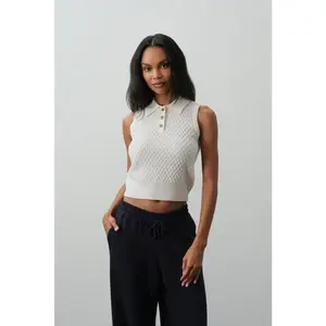 Naked Cashmere Sleeveless Cable Knit Polo Top - Ecru