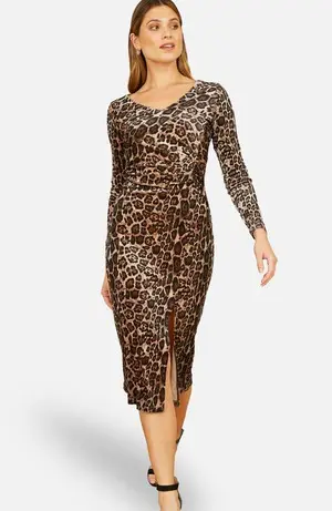 YUMI Velvet Long Sleeve Fitted Midi Dress