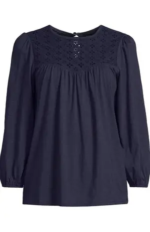 LANDS' END 3/4 Sleeve Eyelet Yoke Top - Faded Navy