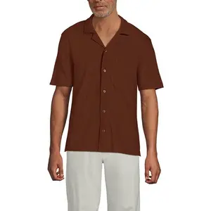 LANDS' END Short Sleeve Cotton Linen Button Through Camp Collar Shirt - Deep Bronze