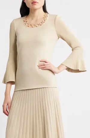 Misook Grommet Detail Metallic Knit Top With Bell Sleeves - Biscotti/gold