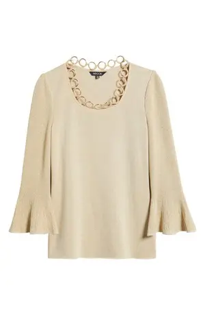 Misook Grommet Detail Metallic Knit Top With Bell Sleeves
