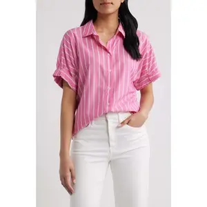 BEACHLUNCHLOUNGE Chase Striped Cotton & Modal Button-up Shirt - Geranium