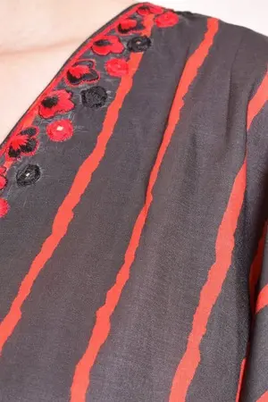 RAAS Striped Floral Embroidered Drawstring Kaftan Top