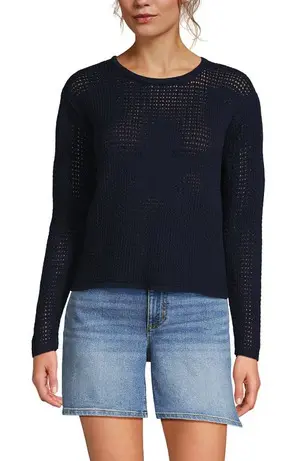 LANDS' END Cotton Viscose Mesh Jacquard Crew Neck Sweater - Radiant Navy
