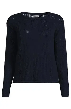 LANDS' END Cotton Viscose Mesh Jacquard Crew Neck Sweater - Radiant Navy
