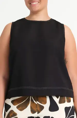 ESTELLE Sleeveless Linen Blend Top With Contrast Stitching