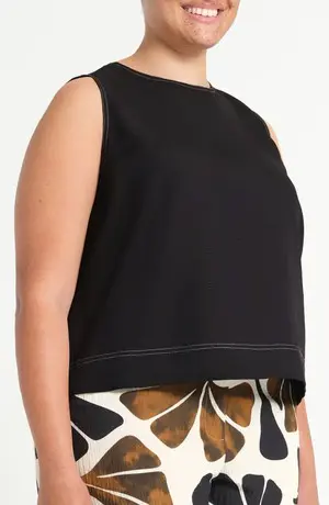 ESTELLE Sleeveless Linen Blend Top With Contrast Stitching
