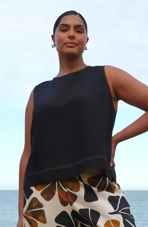 ESTELLE Sleeveless Linen Blend Top With Contrast Stitching