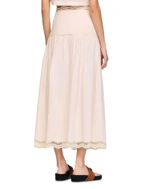 Sandro Long Cotton Skirt With Lace Detailing