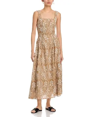 Moon River Embroidered Square Neck Midi Dress - Mocha
