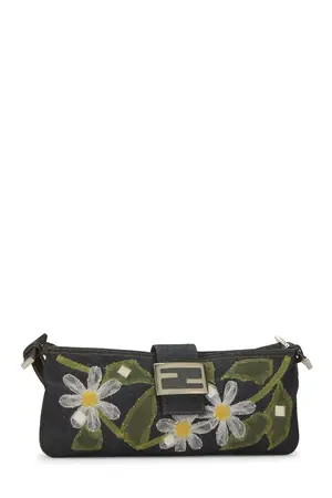 Fendi Denim Floral Appliqué Shoulder Bag - Navy