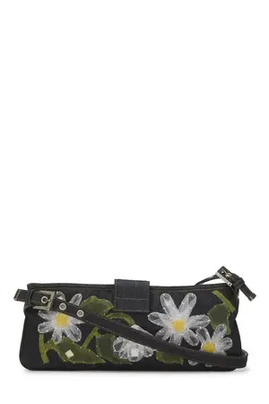 Fendi Denim Floral Appliqué Shoulder Bag - Navy