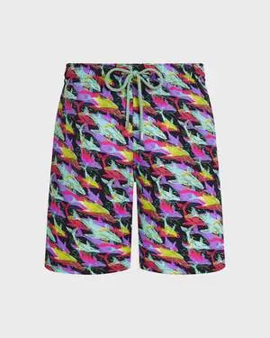 Vilebrequin Long Stretch Swim Trunks Whales Offset Swimwear Okorise - Blue