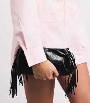 Maje Miss M Leather Clutch Bag With Fringe And Chain Strap - Black