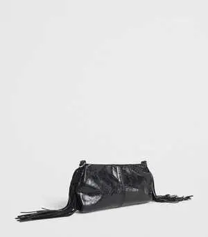 Maje Miss M Leather Clutch Bag With Fringe And Chain Strap - Black