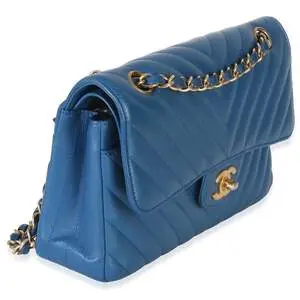 Chanel Chevron Lambskin Classic Double Flap Bag - Blue