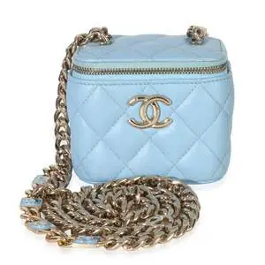 Chanel Quilted Lambskin Vanity Case With Coco Chain Strap - Blue