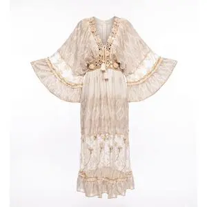 TANTRA SPAIN SL Ecru Maxi Dress With Gold-tone Print And Bell Sleeves - Beige