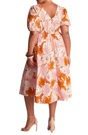 ESTELLE Amira Floral Print Puff Sleeve Midi Dress - Sunset