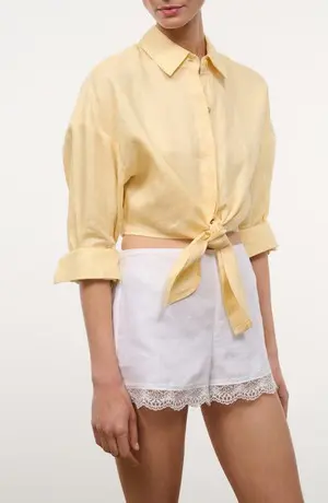 Staud Lisa Tie Front Linen Button-up Top - Butter