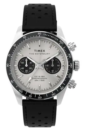 Timex® Waterbury Chronograph Leather Strap Watch - Black