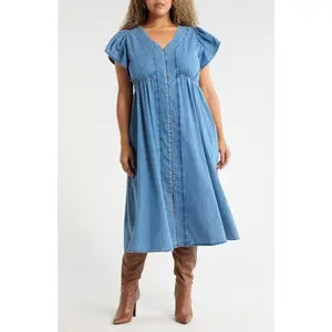 Treasure & Bond Flutter Sleeve Chambray Midi Dress