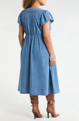 Treasure & Bond Flutter Sleeve Chambray Midi Dress
