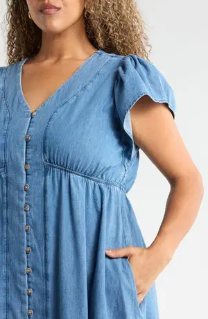 Treasure & Bond Flutter Sleeve Chambray Midi Dress