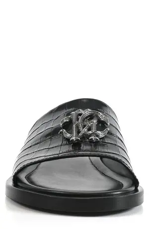 Roberto Cavalli Croc Embossed Leather Slide Sandals With Signature Hardware