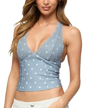 EDIKTED Lace Up Polka Dot Halter Top