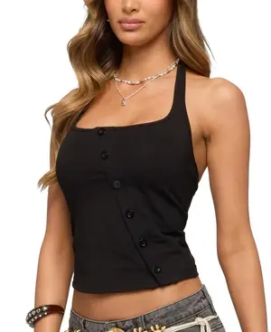 EDIKTED Asymmetrical Button-up Halter Top