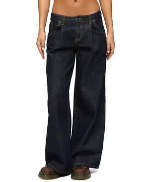 EDIKTED Pleated Low Rise Wide Leg Jeans - Dark-blue-washed