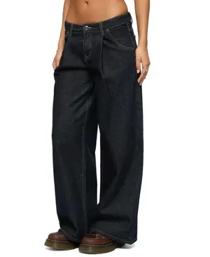 EDIKTED Pleated Low Rise Wide Leg Jeans - Dark-blue-washed
