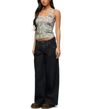 EDIKTED Pleated Low Rise Wide Leg Jeans - Dark-blue-washed