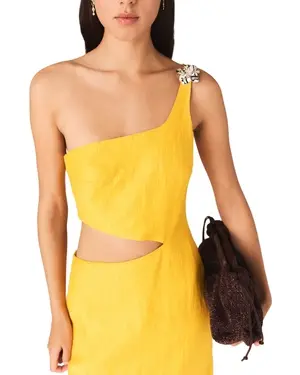 Maje Asymmetrical Linen Blend Maxi Dress