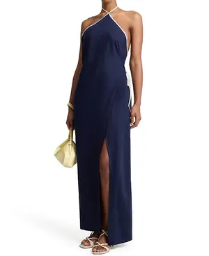 Onia Halter Neck Wrap Maxi Dress With Slit - Noir Navy/egret
